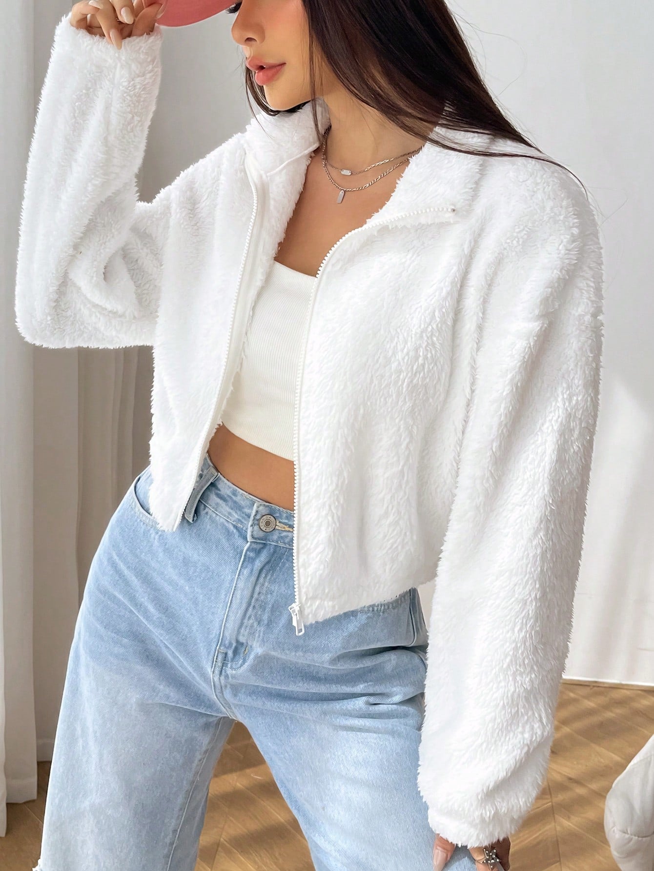 SHEIN EZwear Drop Shoulder Zip Up Drop Shoulder Teddy Jacket – OneHub